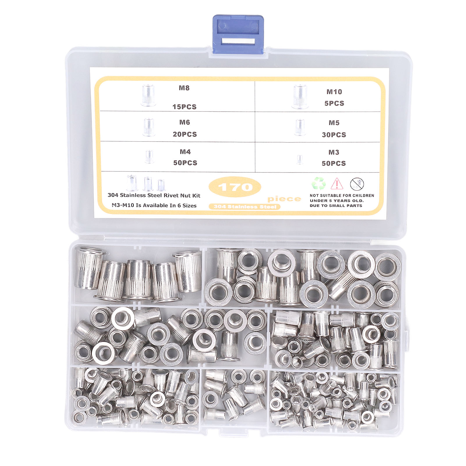 170 Pièces Acier Inoxydable Rivet Écrou Outil Plat Tête Filetée Rivet ...