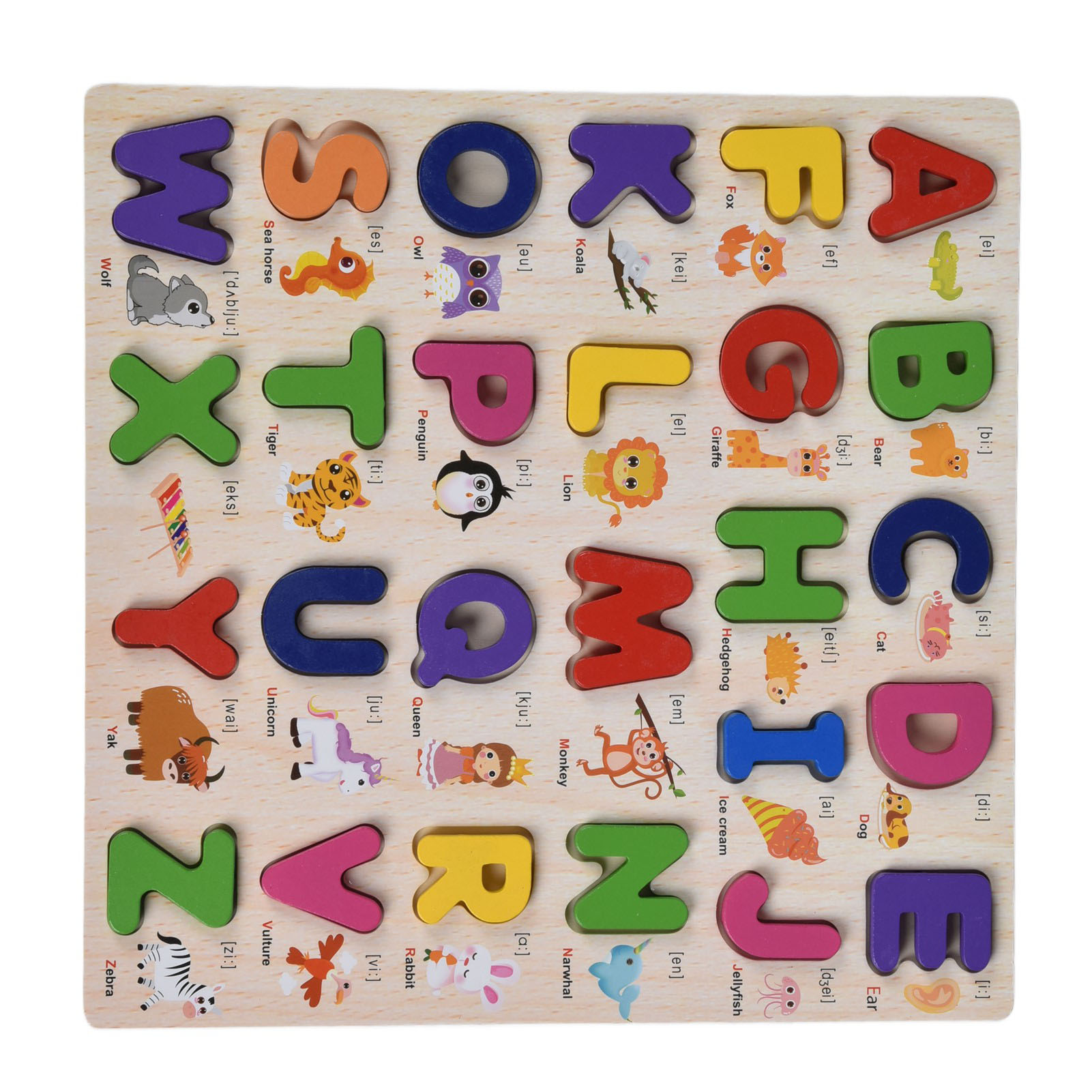 Rompecabezas del alfabeto de madera con patrón de dibujos animados ...