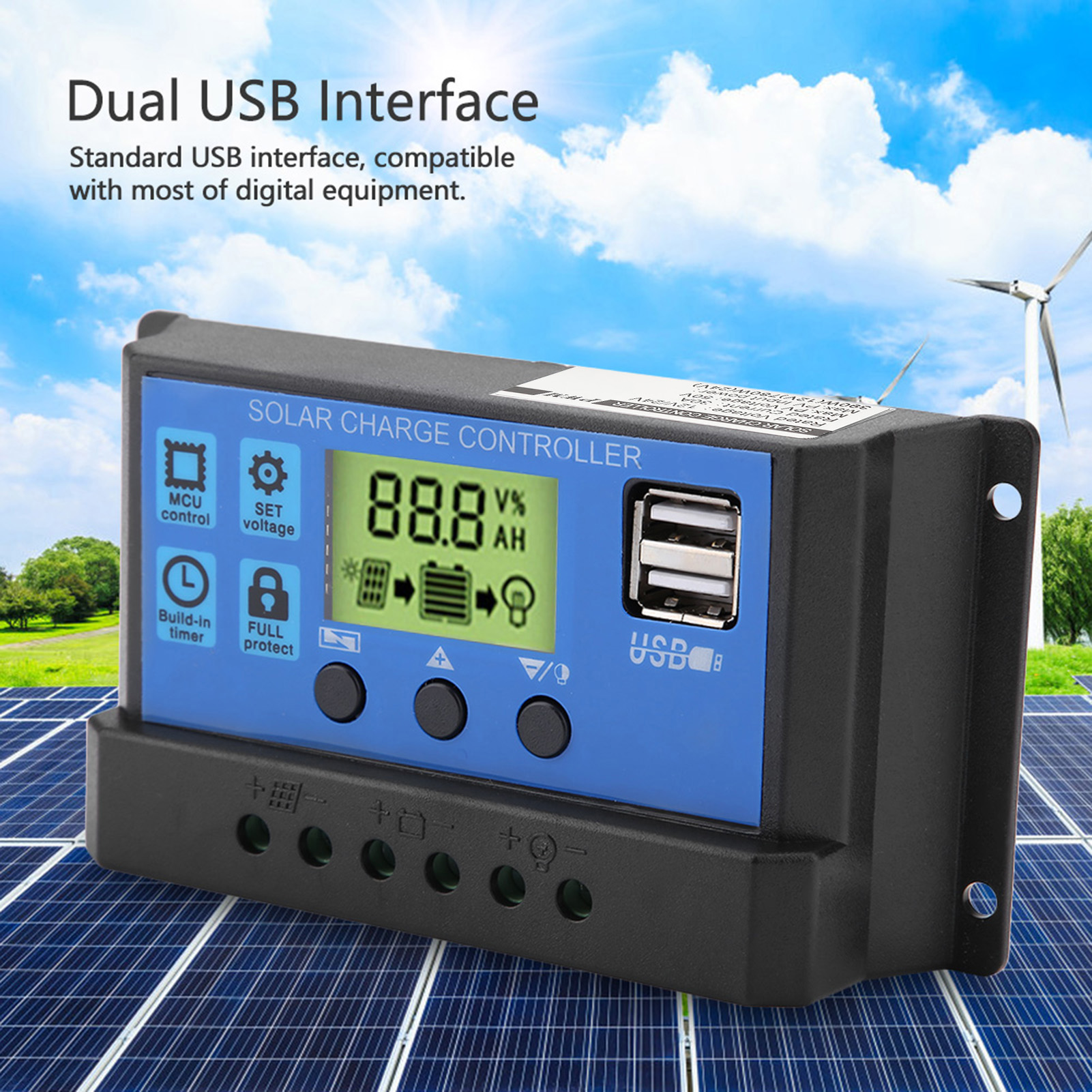 Contrôleur solaire PWM 12 V/24 V USB, régulateur de batterie pour panneau solaire, écran LCD ...